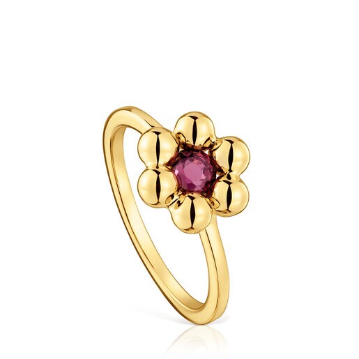 Small flower Ring with 18kt gold plating over silver and rhodolite ...