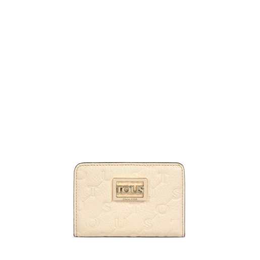 Small beige and brown Leather T Script Wallet | TOUS