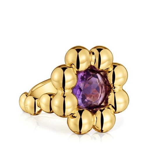 Medium flower Ring with 18kt gold plating over silver and amethyst ...