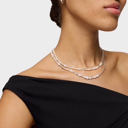 Silver and cultured pearls Mini Icons Necklace with three charms | TOUS