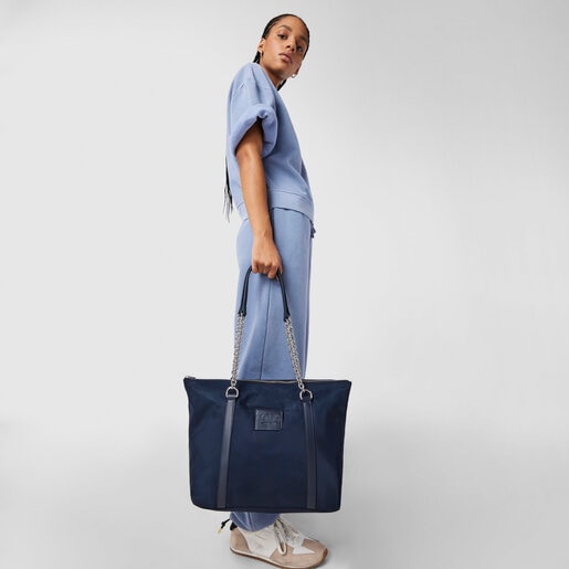 Large navy blue Empire Soft Chain Tote bag | TOUS