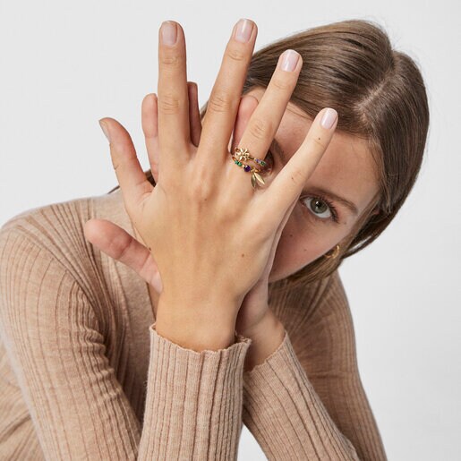 Silver Vermeil Fragile Nature flower Ring with Gemstones | TOUS