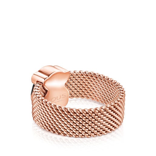 Rose IP Steel Ring with faceted Onyx Bear motif TOUS Mesh Color | TOUS