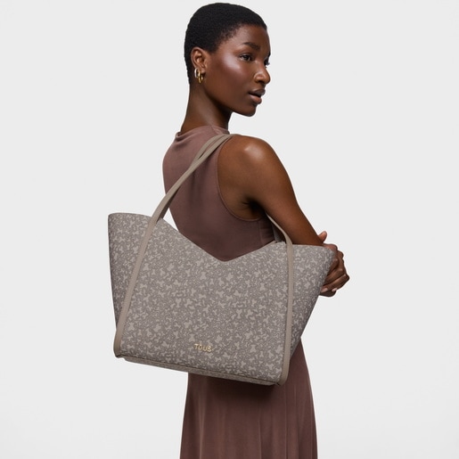 Large taupe-colored Tote bag Kaos Mini Lines | TOUS