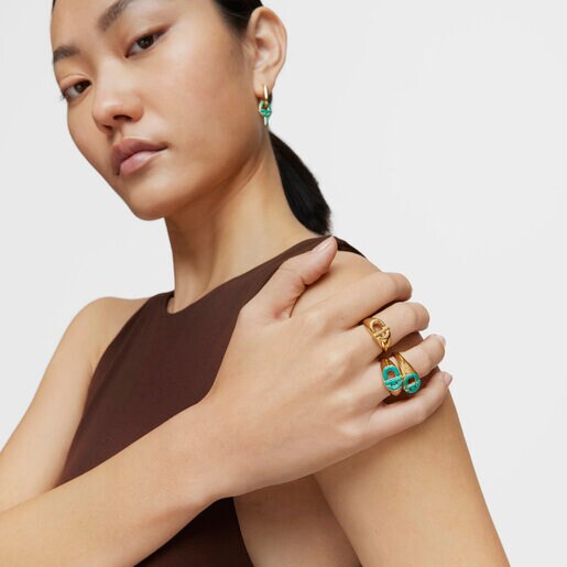 Signet ring with 18kt gold plating over silver and green enamel TOUS ...