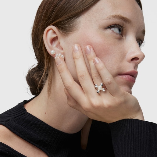 Large silver and cultured pearl motifs Ring Sugar Party | TOUS