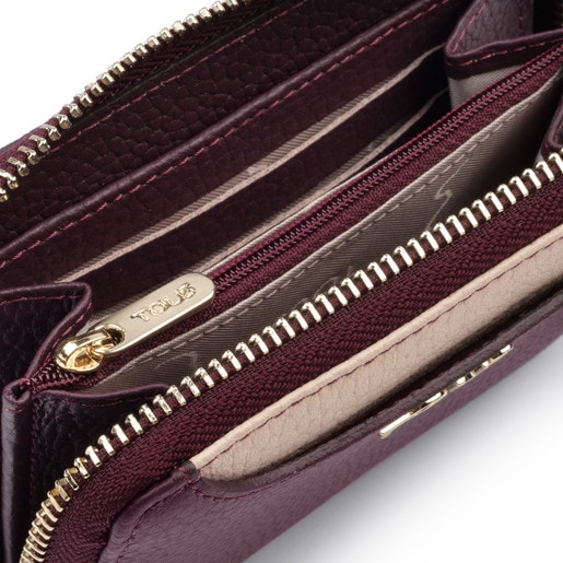 Small burgundy-pink Leather Floriana Wallet | TOUS
